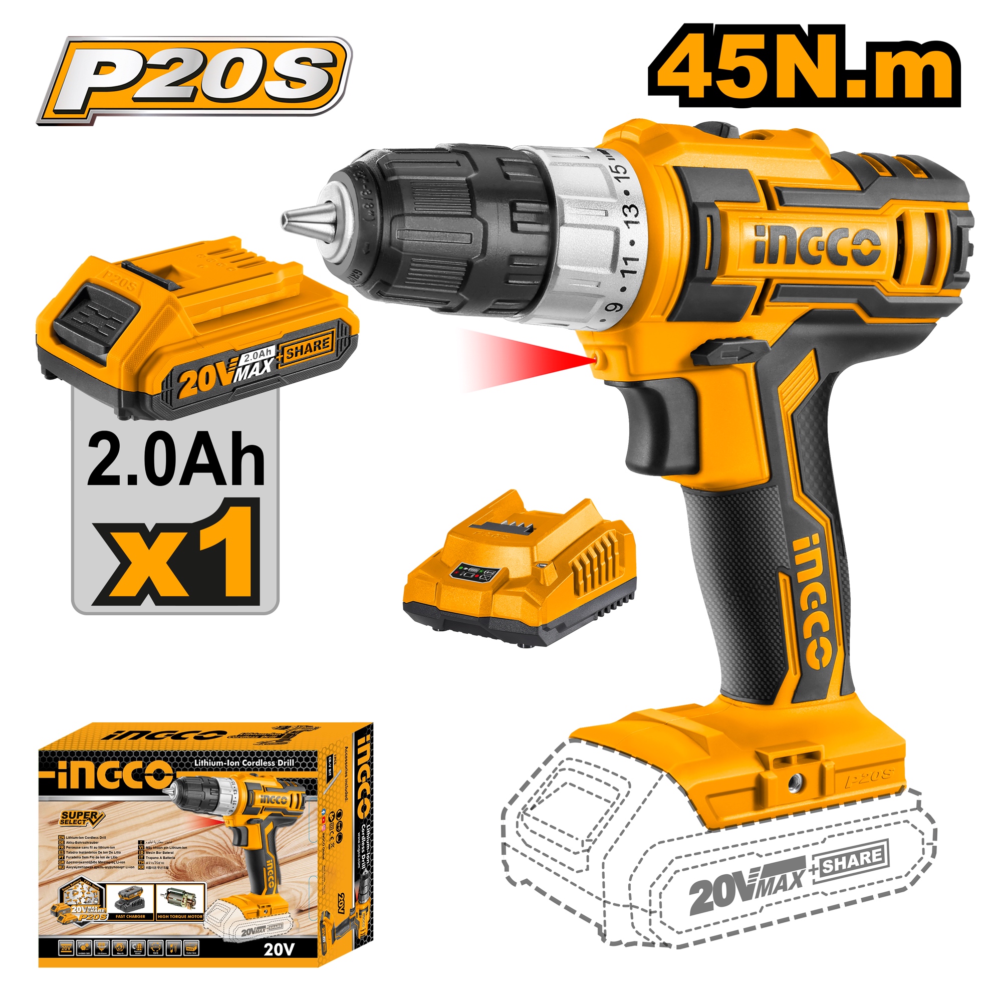 Ingco 20V Lithium-ion cordless drill Charger & One Battery – QDS Direct